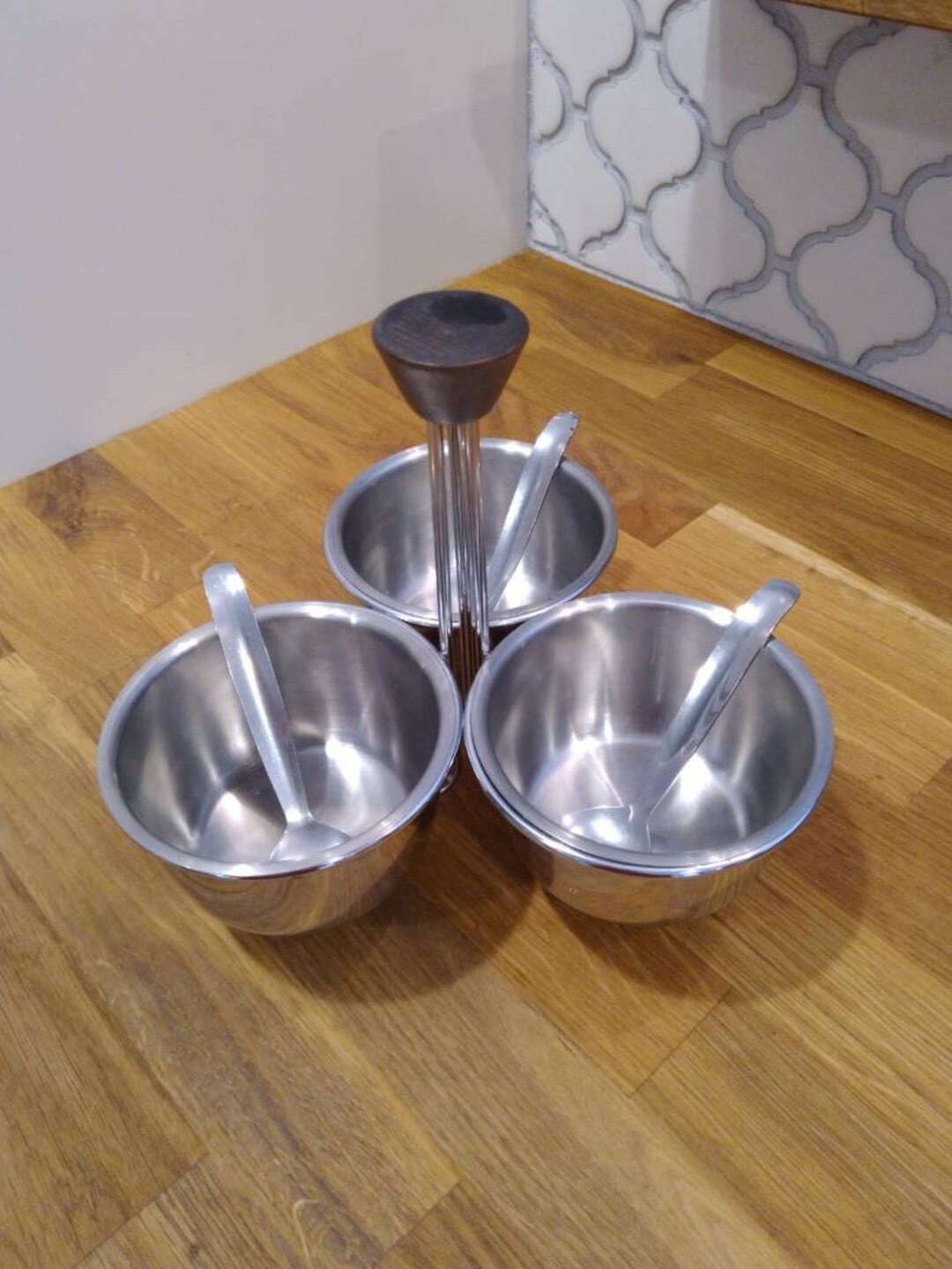 Mid Century Modern Vintage Stainless Steel and Wood Condiment Server ...