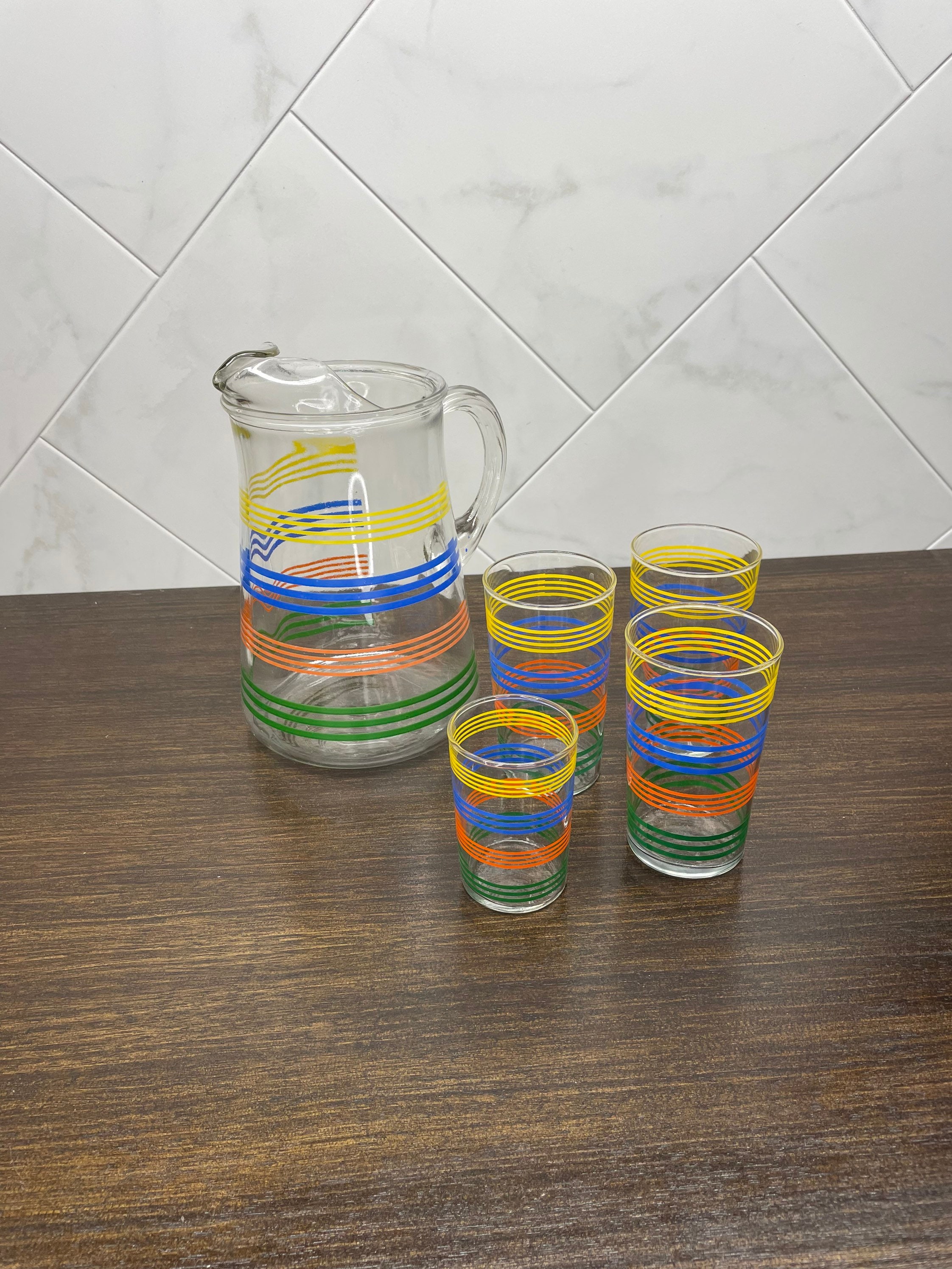 Vintage Anchor Hocking Pitcher and Glasses, Fiesta Bands, Primary ...