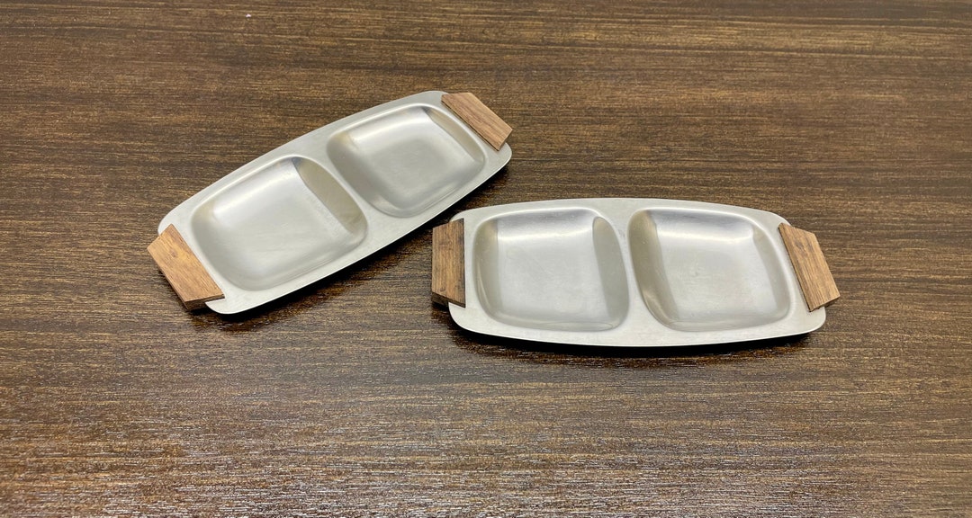 Vintage Stainless Steel and Wood Small Tidbit Trays, Set of 2 Mid ...