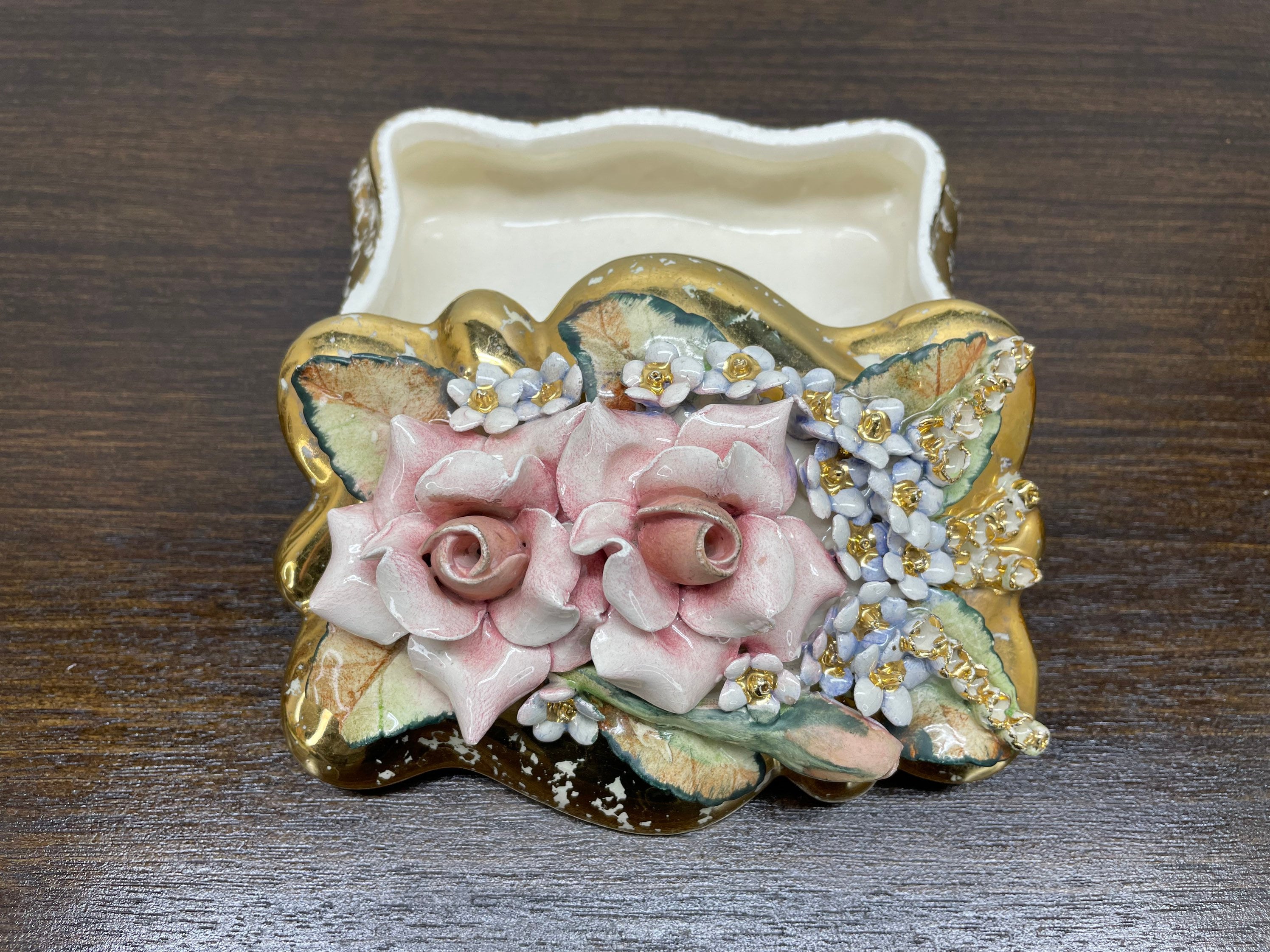 Vintage Pink Rose Trinket Box, Capodimonte Style Jewelry Box, Porcelain ...