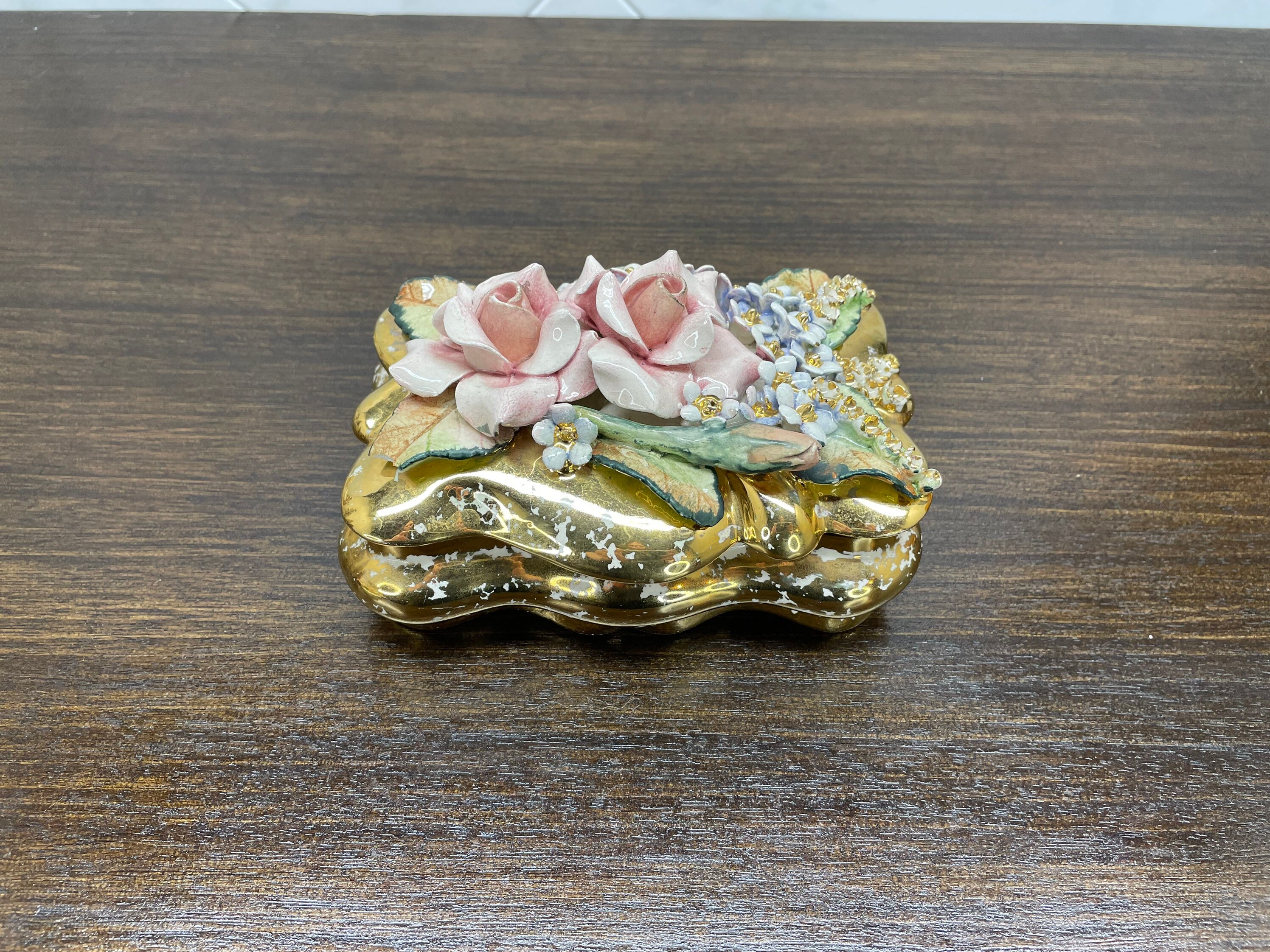 Vintage Pink Rose Trinket Box, Capodimonte Style Jewelry Box, Porcelain ...