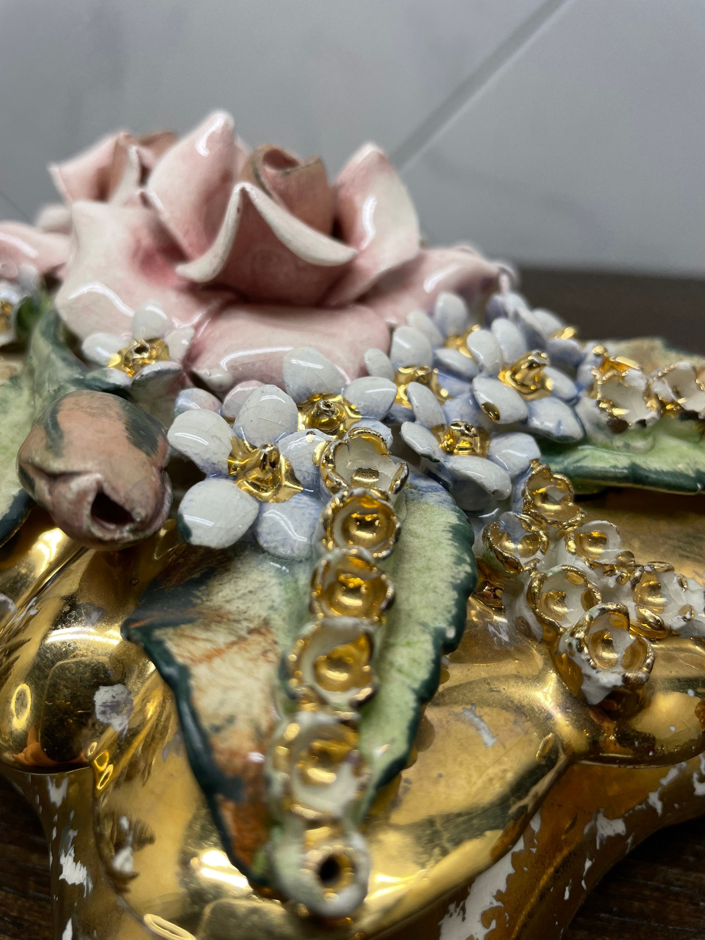 Vintage Pink Rose Trinket Box, Capodimonte Style Jewelry Box, Porcelain ...