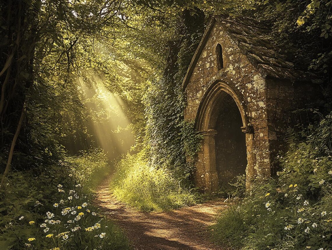 Enchanted Forest Path Printable Wall Art, Rustic Woodland Chapel Ruins ...