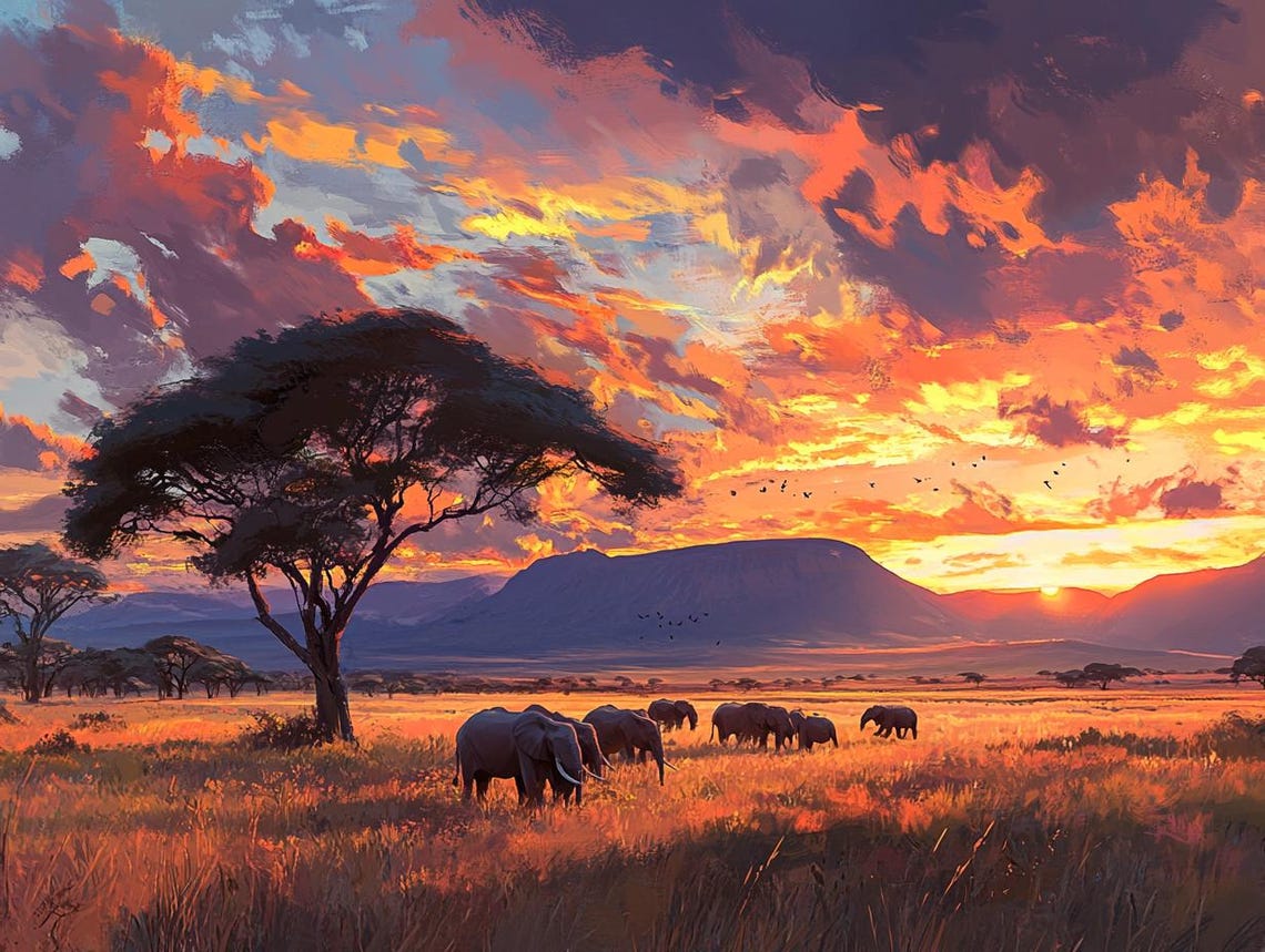 African Sunset Safari Wall Art - Digital Printable Landscape With ...