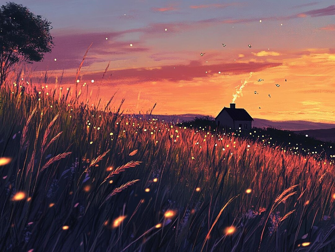 Sunset Field With Fireflies Printable Wall Art – Warm Country Cottage ...