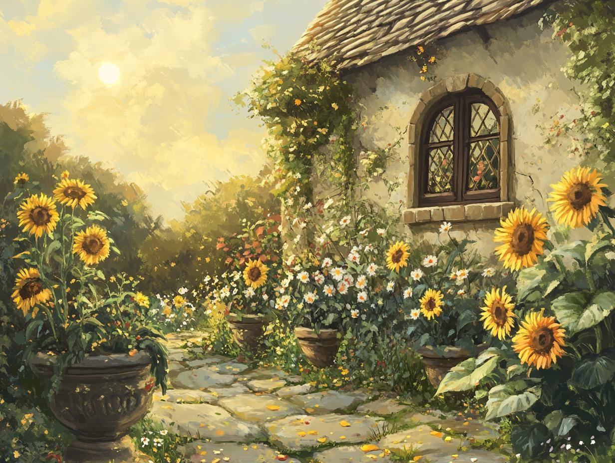 Sunflower Cottage Garden Wall Art Print, Rustic Floral Printable Art ...