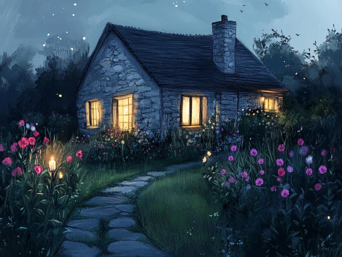 Twilight Stone Cottage Printable Wall Art – Cozy Night Garden Scene ...