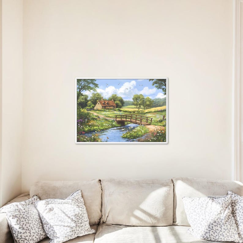 English Cottage Print – Rustic Farmhouse, Wildflower Meadow (digital ...