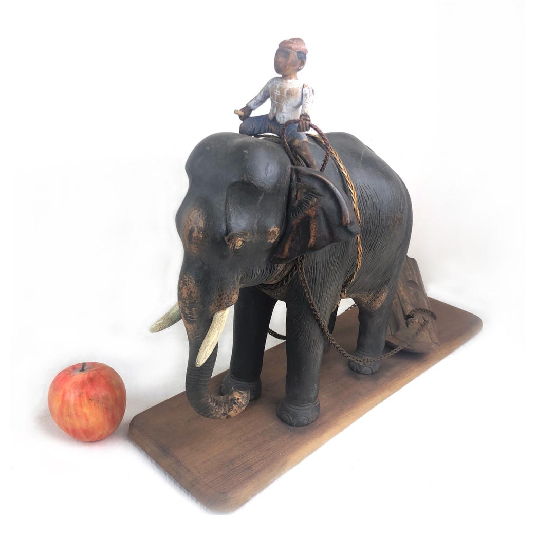 Antique Large Wooden Elephant With Mahout & Log-1890’s Burmese Hardwood ...