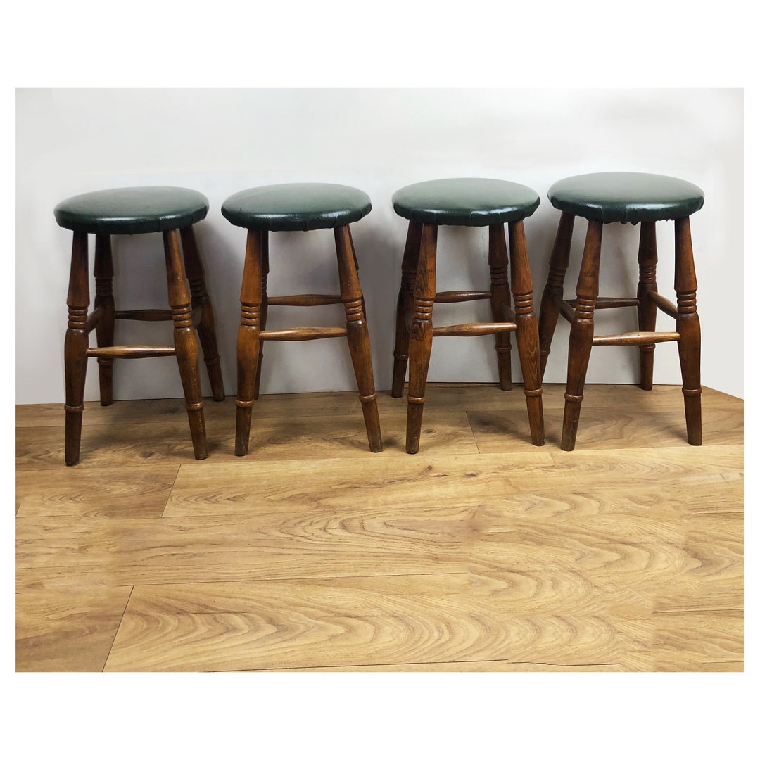 Set of 4 Vintage Stools-1950's Set 4 Pine Stools With Green Padded ...