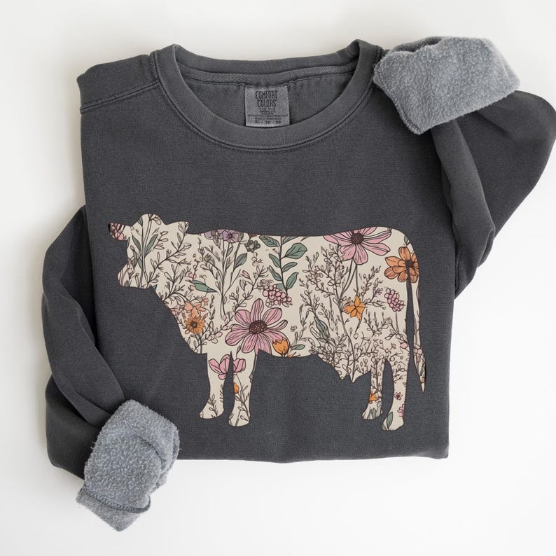 Comfort Colors® Cow Sweatshirt, Wildflowers Cow Farm Sweater, Heifer ...