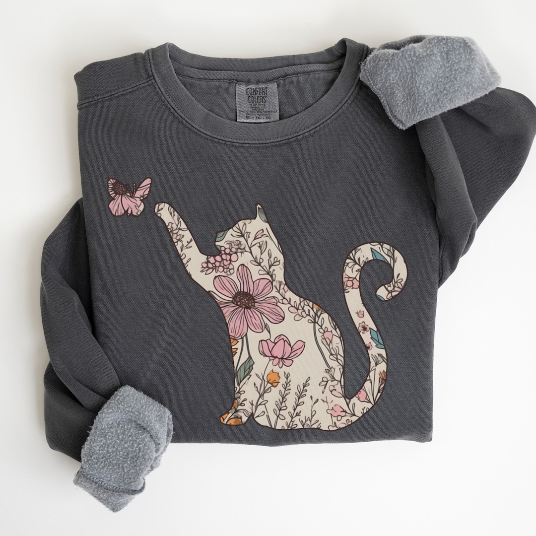 Comfort Colors® Cat Sweatshirt, Cottagecore Cats Crewneck, Wildflower ...