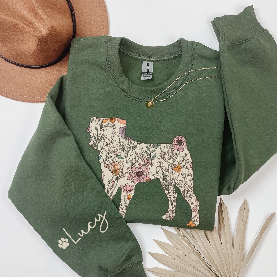 Custom Dog Sleeve Pug Sweatshirt, Personalized Pug Name Crewneck ...