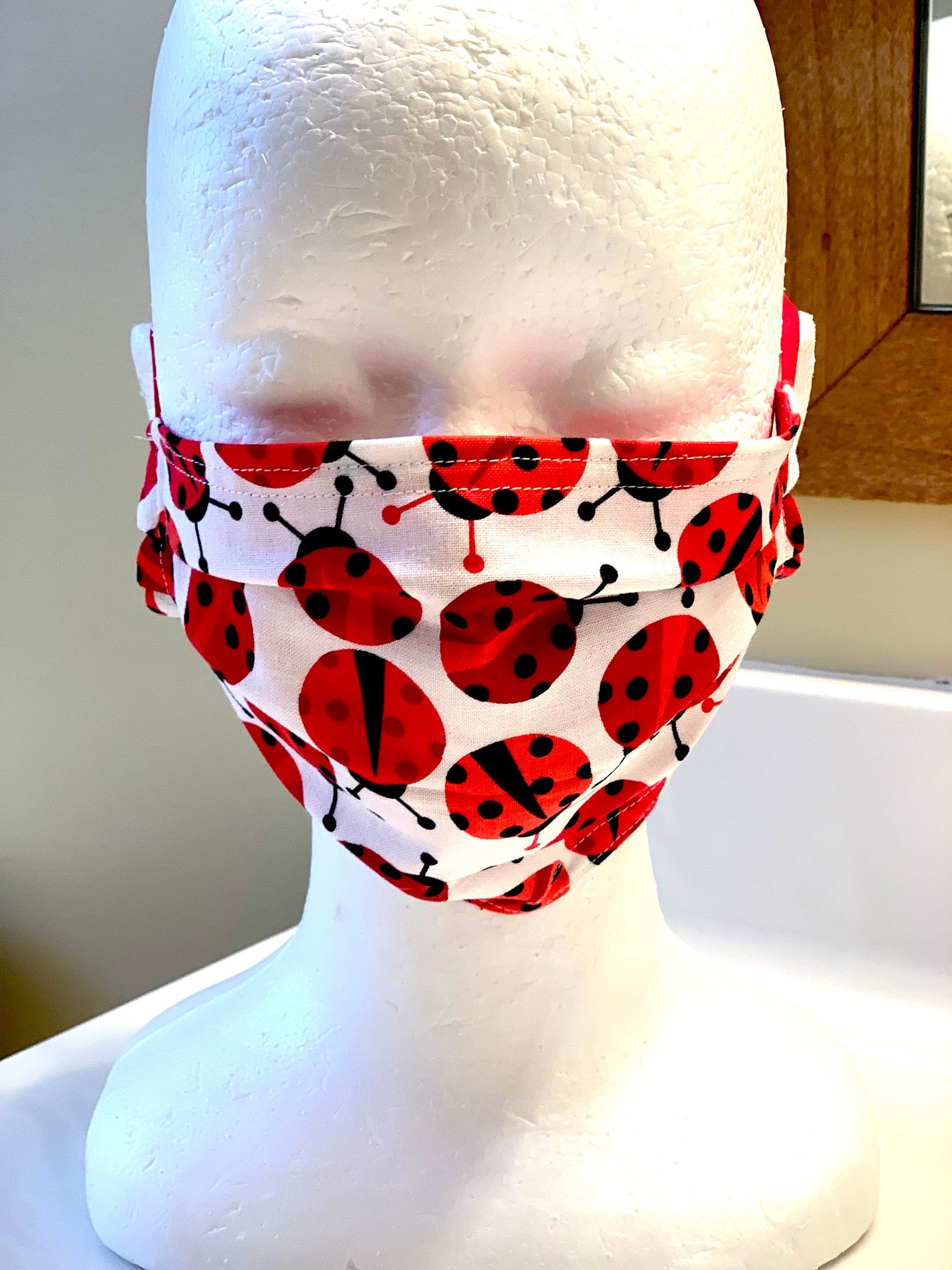 Ladybug, Ladybug Face Mask, Red and Black Ladybug Over White Pleated ...