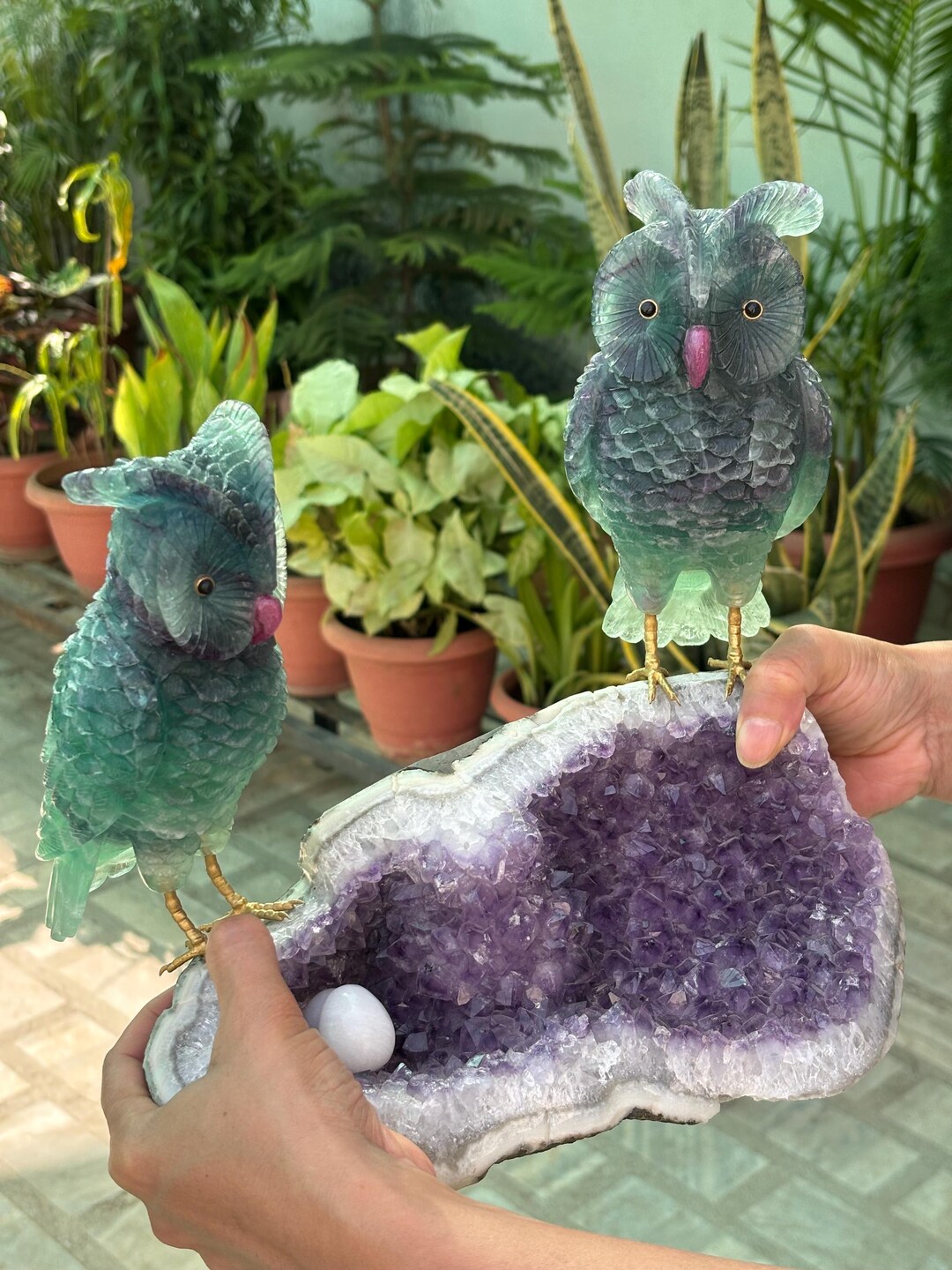 Fluorite Owl Sculpture | Ruby Beaks, Amethyst Druzy, One of a Kind ...