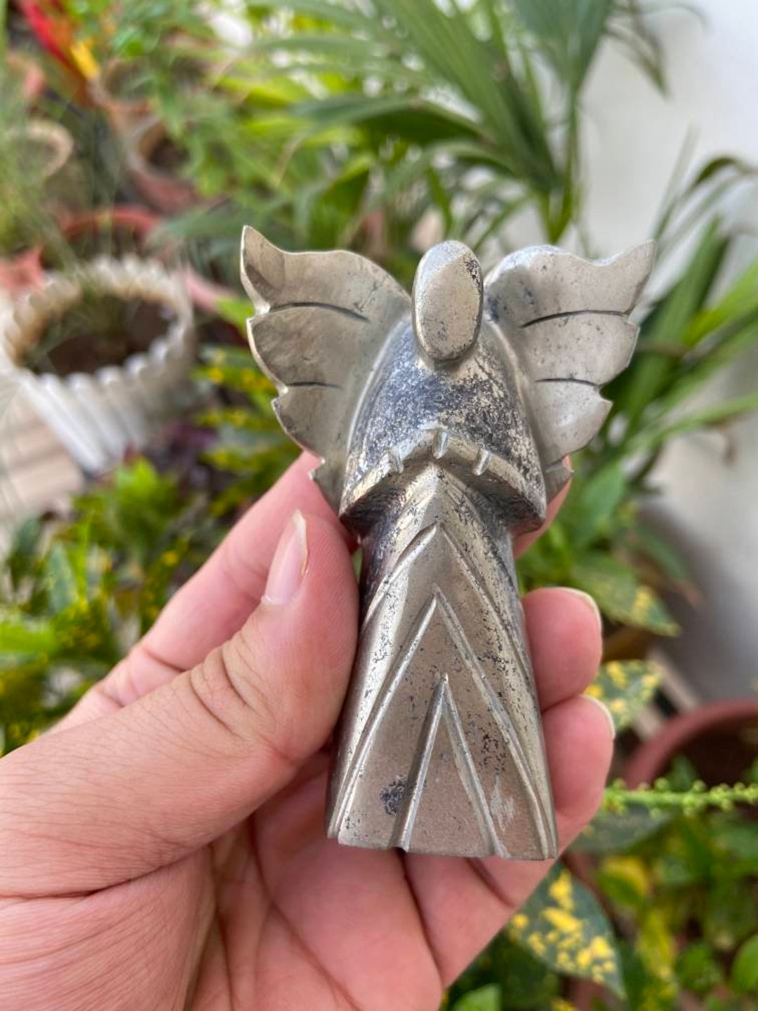 Hand Carved Pyrite Angel Figurine | Natural Silver Crystal Guardian ...