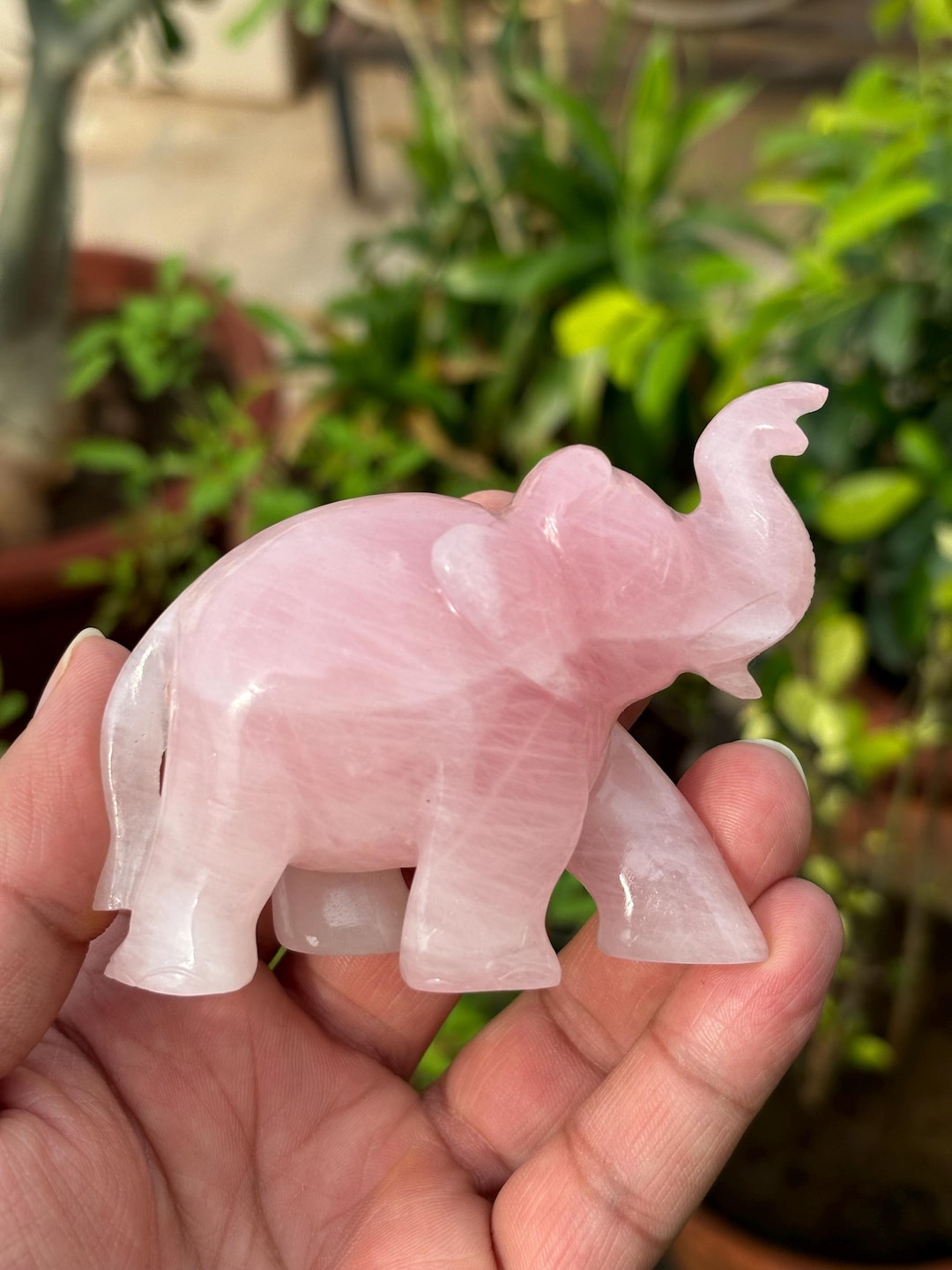 Hand Carved Rose Quartz Elephant Statue – Good Luck Charm, Home Decor ...