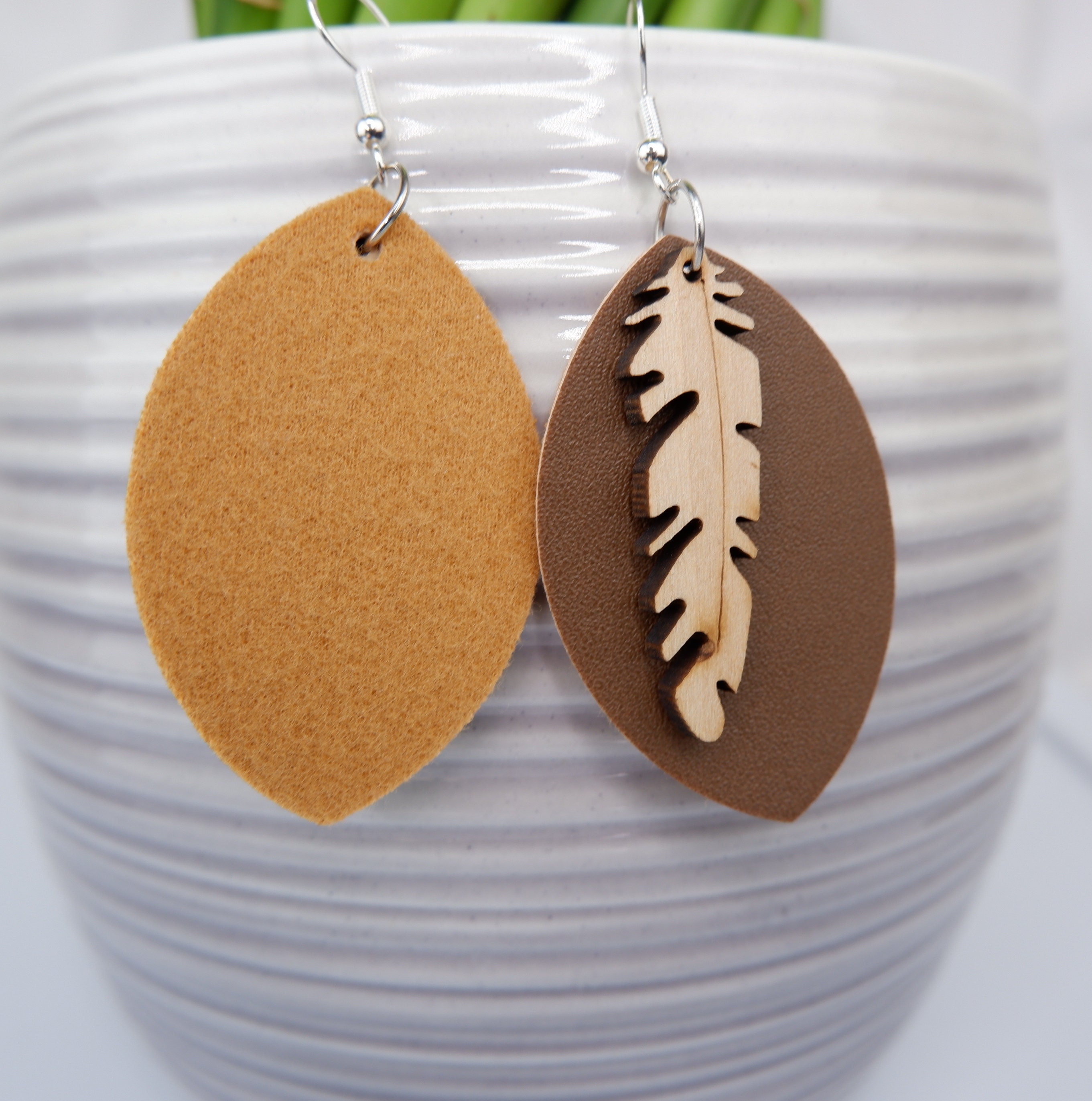 BOHO COLLECTION Handmade Wood Feather Faux Leather Sterling | Etsy