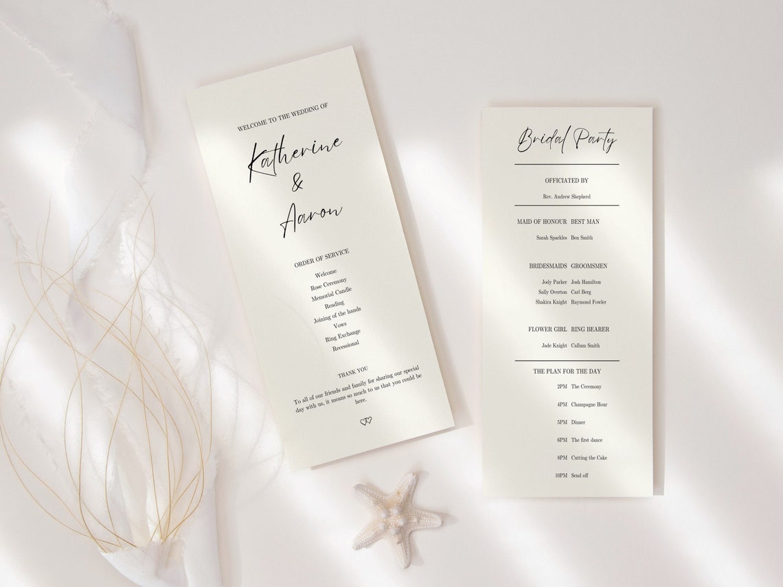 Minimalist Wedding Program Template 4x8 Slim Order of Service ...