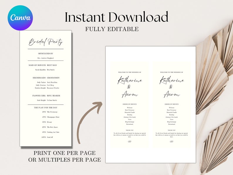Minimalist Wedding Program Template 4x8 Slim Order of Service, Printable Long Ceremony, DIY ...
