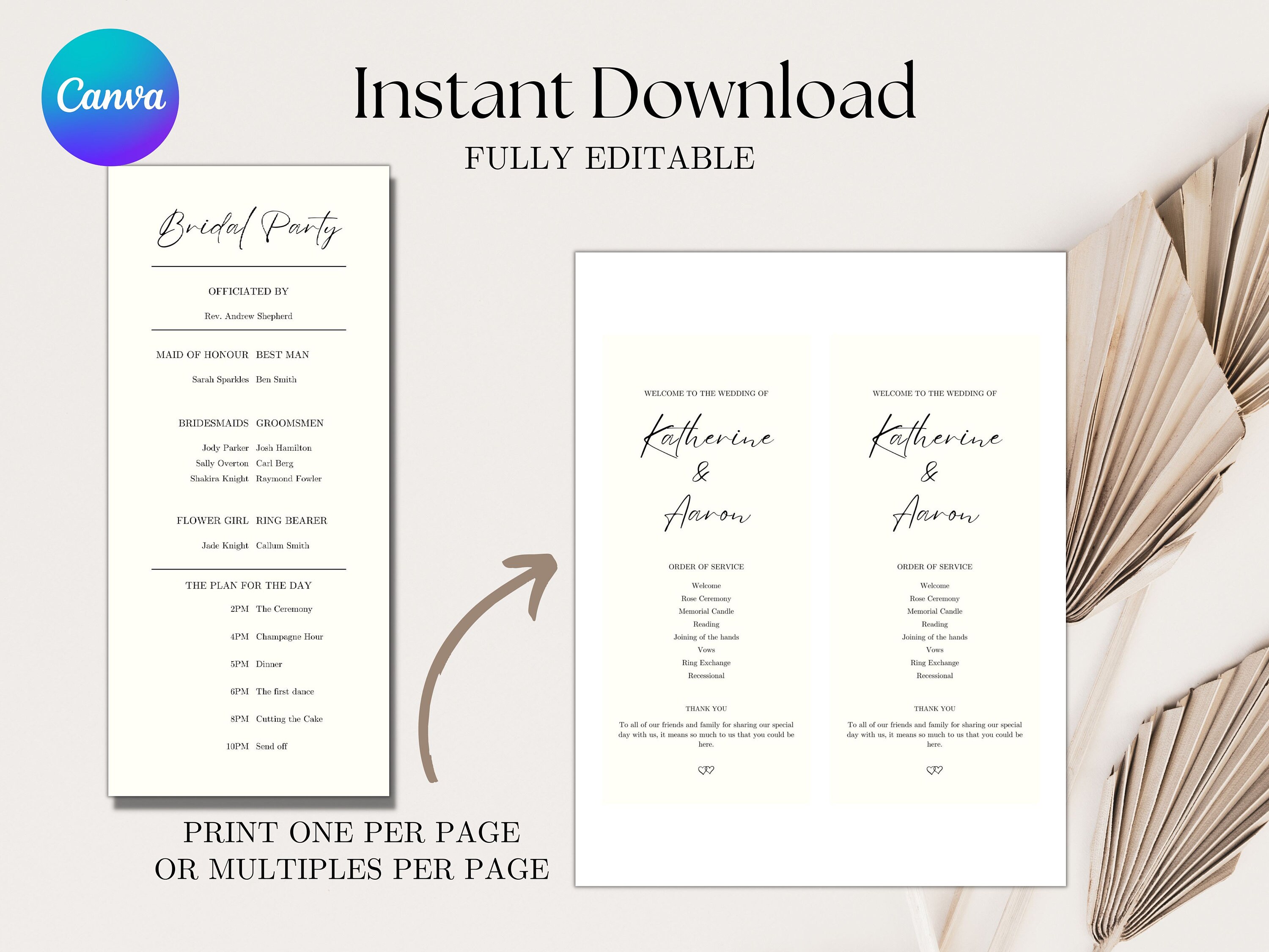 Minimalist Wedding Program Template 4x8 Slim Order of Service ...