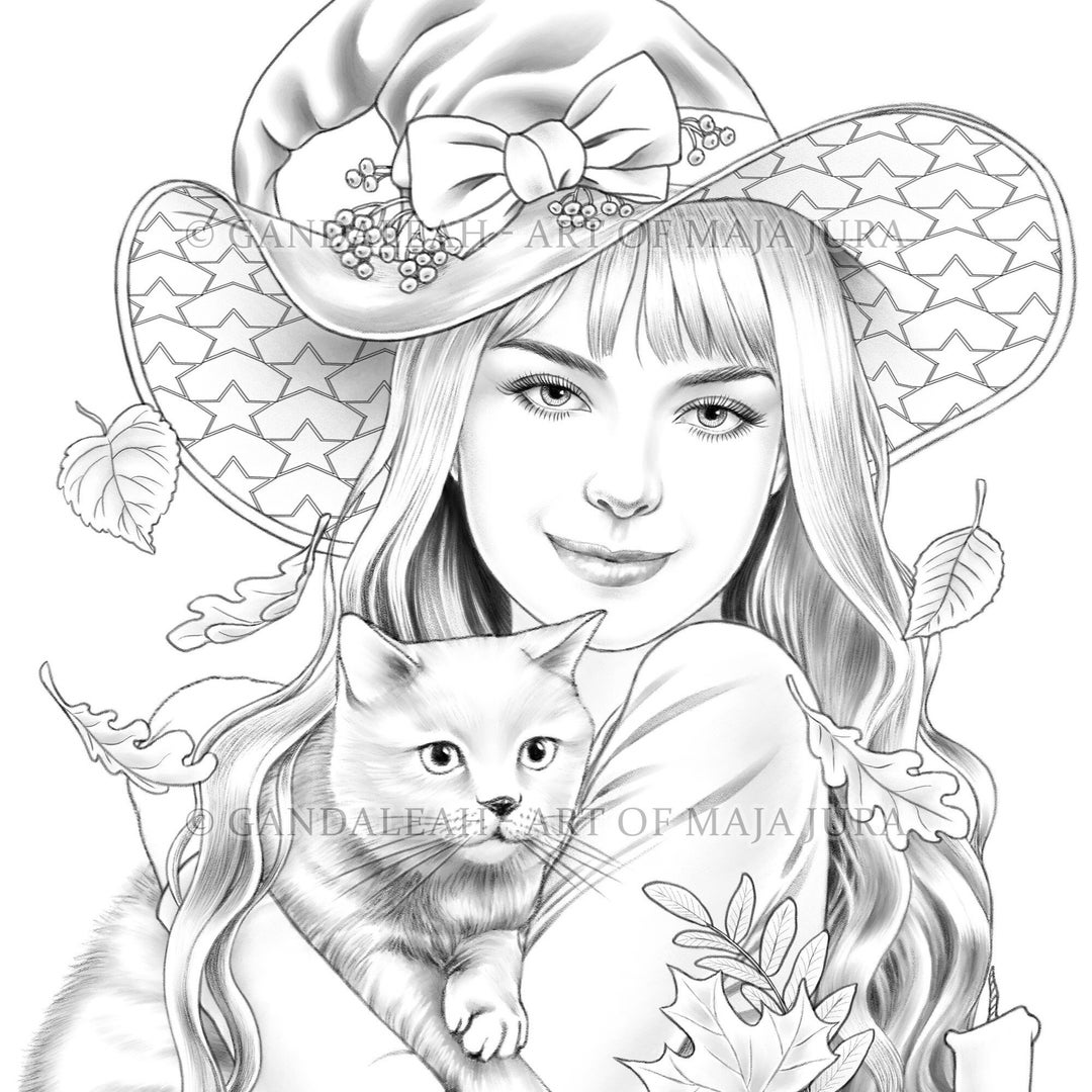 Witch Apprentice and Her Cat Gandaleah Coloring Pages - Etsy