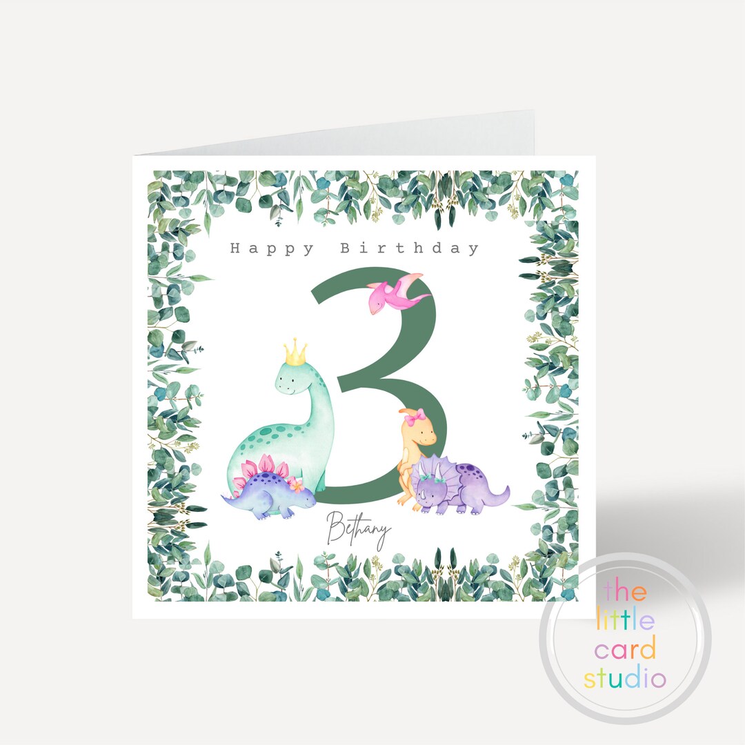 Third Birthday Card, Card for Three Year Old Girl, Dinosaur Design Card ...