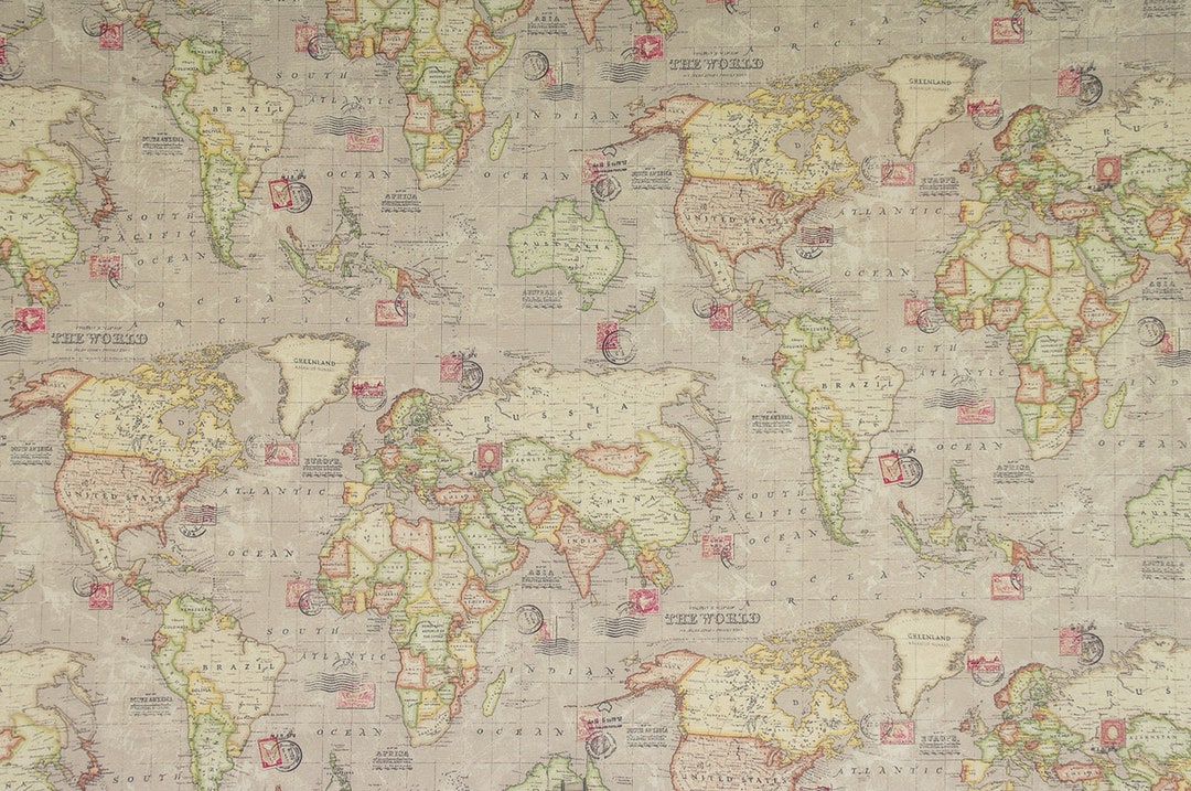 Decorative Fabric Woven Fabric World Map Beige Decorative Fabric World ...