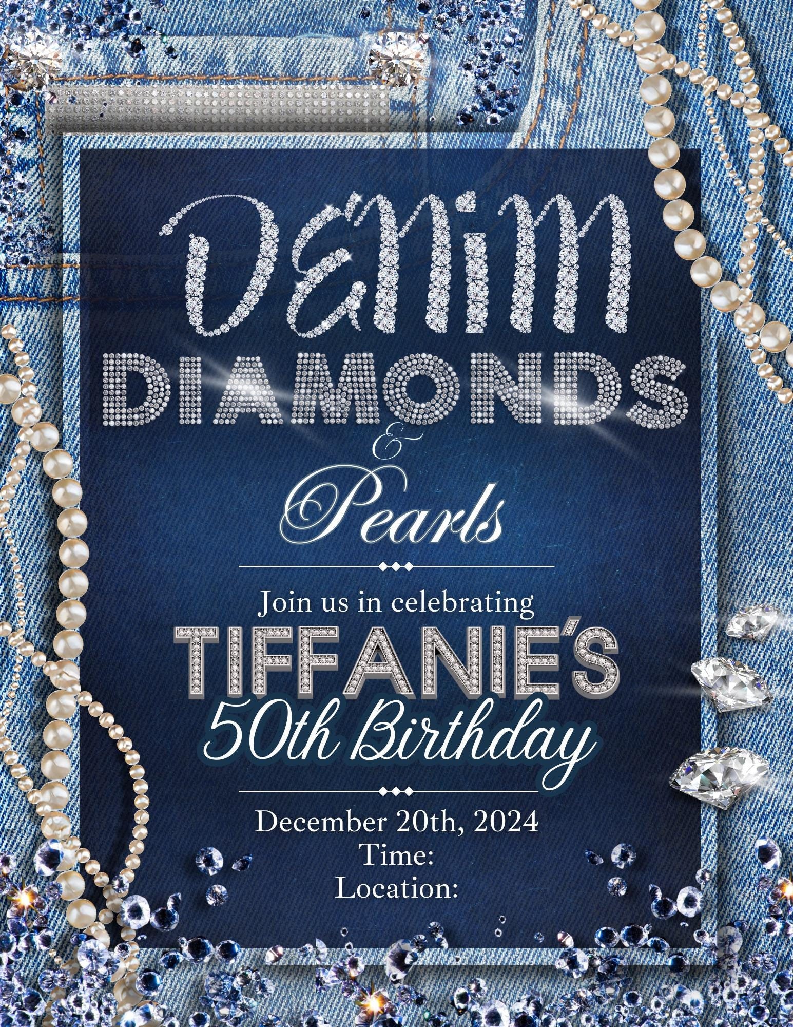 Editable Denim & Diamonds Luxury Party Flyer – Personalized 50th ...