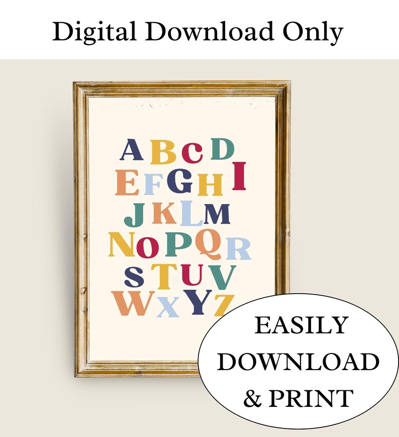 Eclectic Alphabet Nursery Wall Art, Colorful ABC Bedroom, Vintage ...
