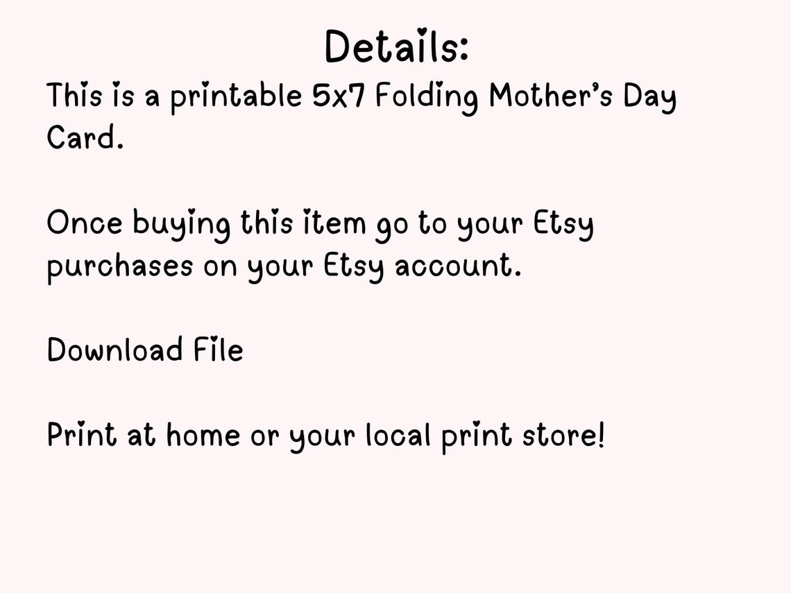 Printable Folded Mother's Day Card DIY Instant Digital Download List ...