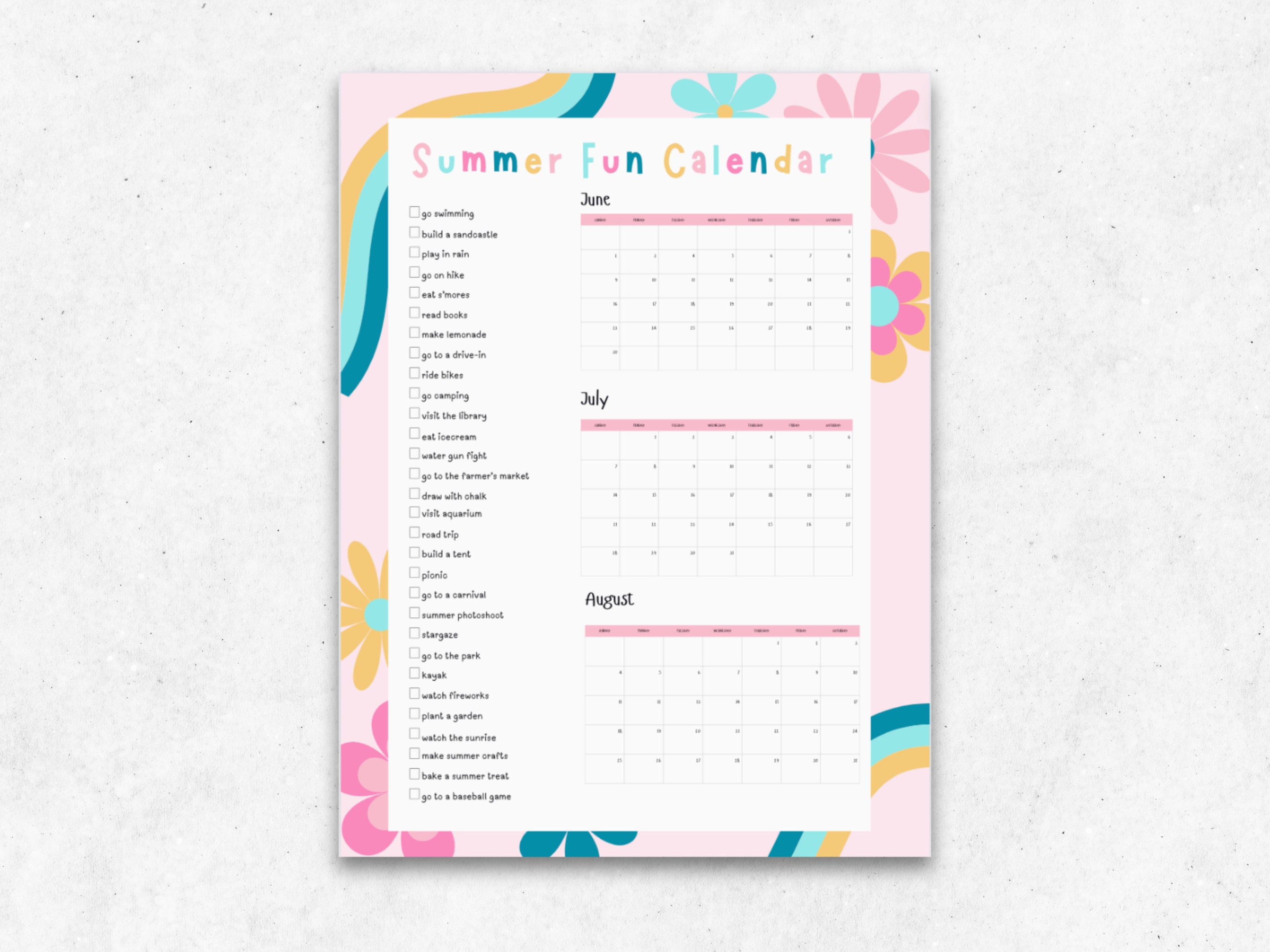 Summer Adventure Calendar Editable Summer Bucket List Kids Summer ...