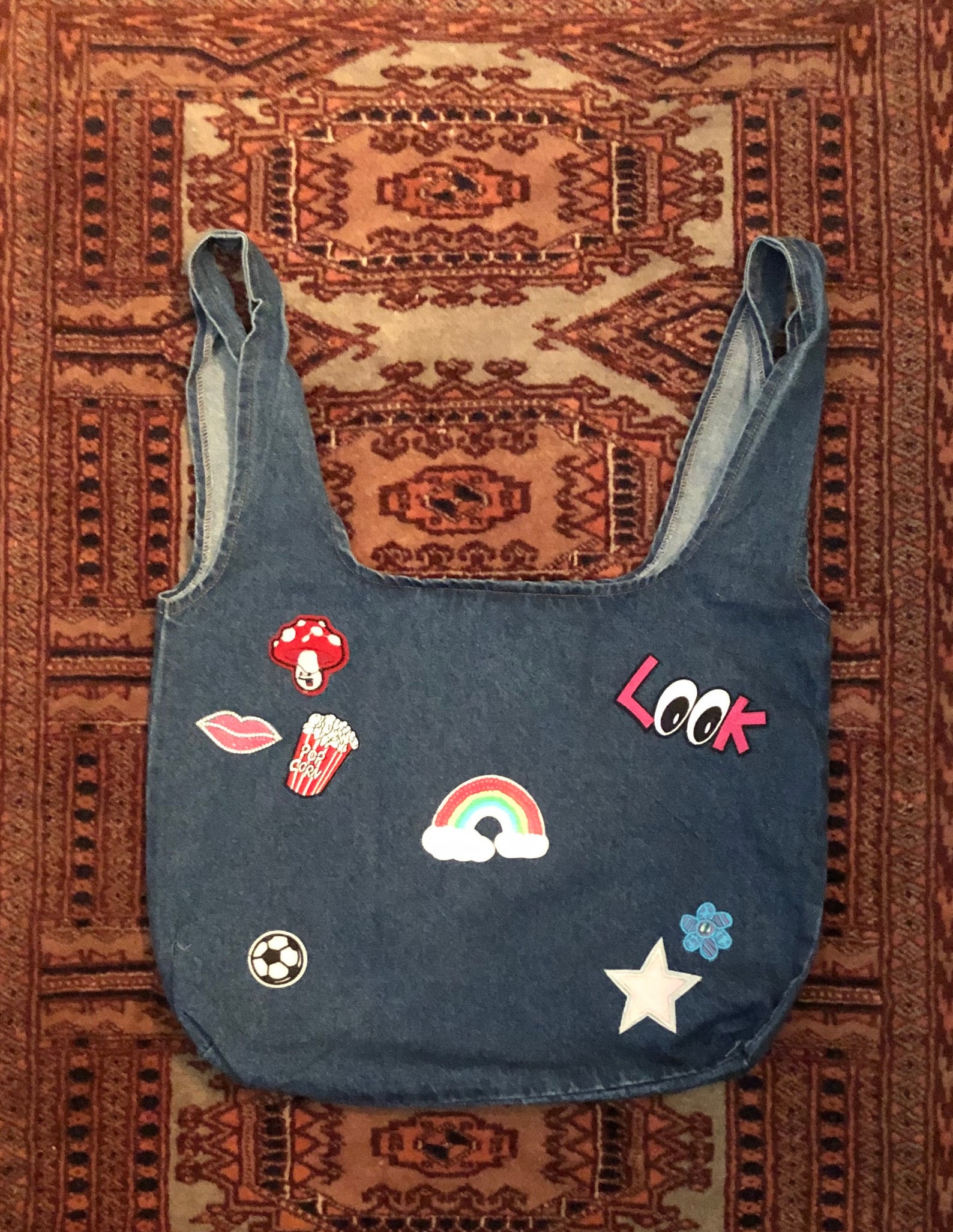 Custome Denim Patch Work Tote Bag - Fun Groovy Hippie Patches - Denim ...