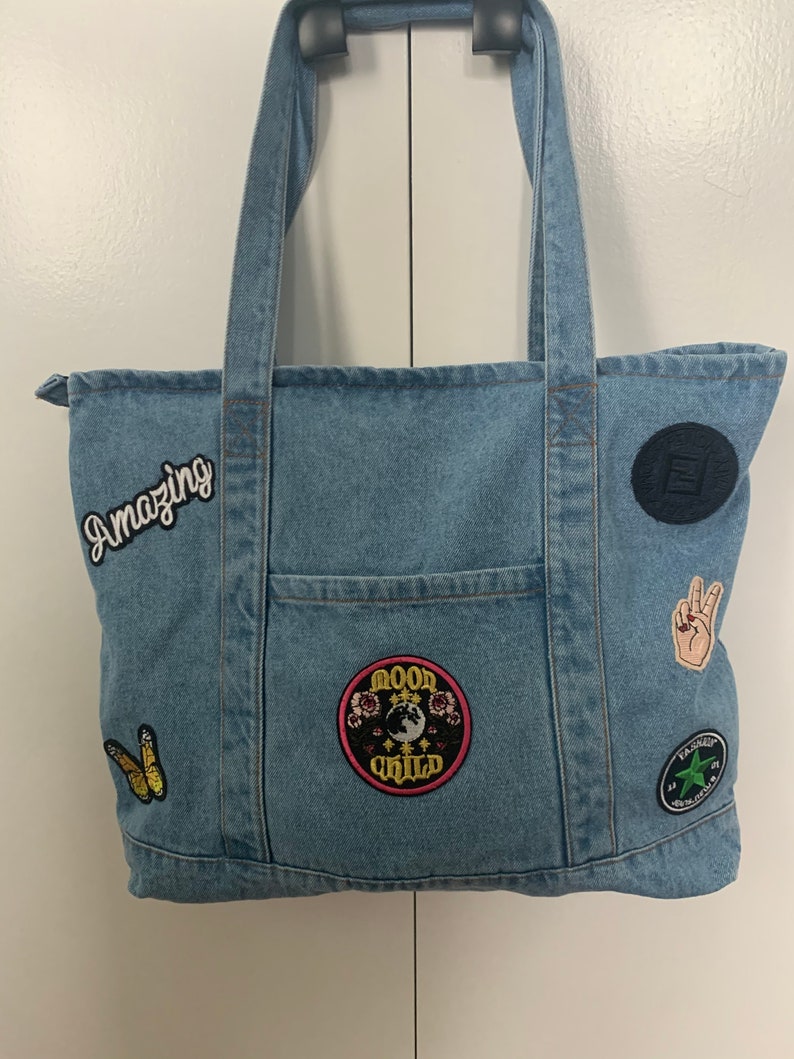 Custome Denim Patch Work Tote Bag - Fun Groovy Hippie Patches - Denim ...