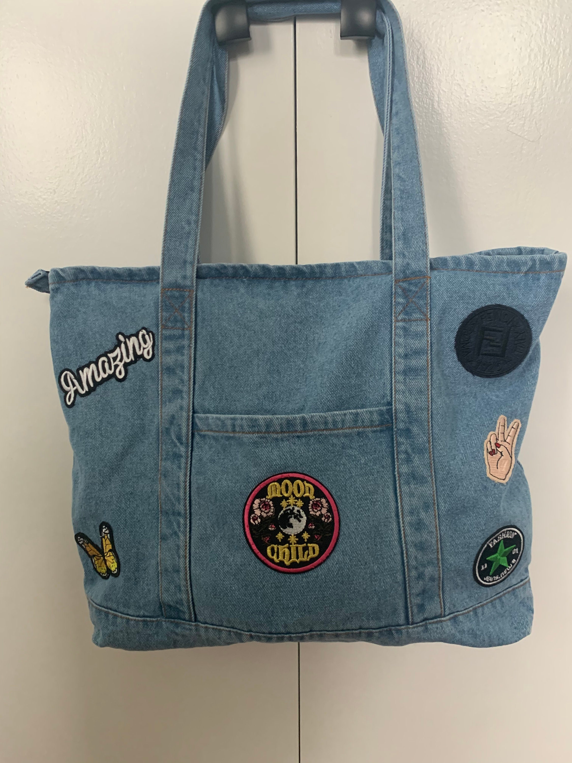 Custome Denim Patch Work Tote Bag - Fun Groovy Hippie Patches - Denim ...