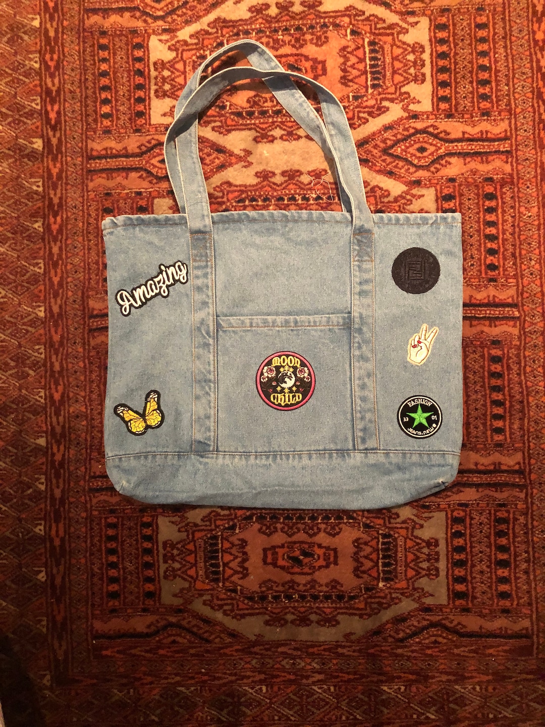 Custome Denim Patch Work Tote Bag - Fun Groovy Hippie Patches - Denim ...