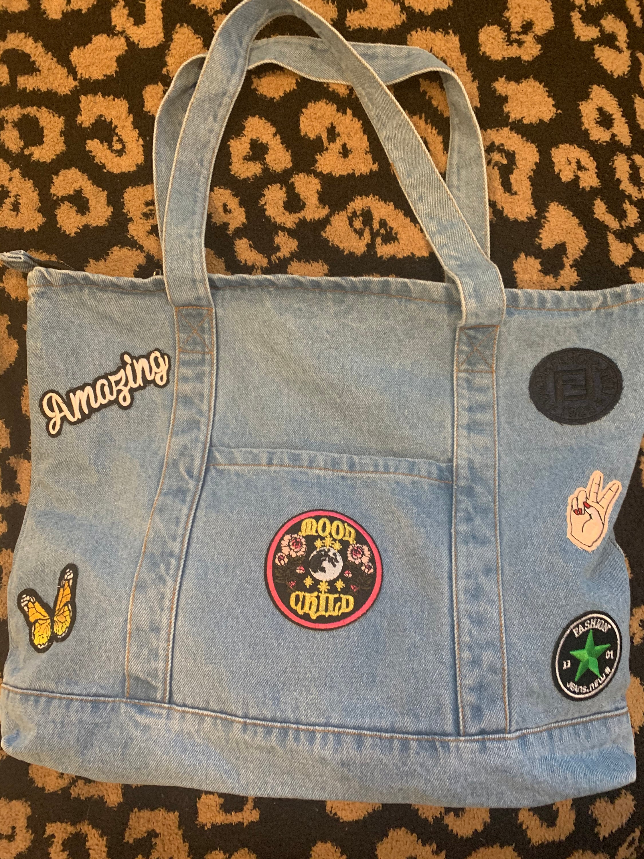 Custome Denim Patch Work Tote Bag - Fun Groovy Hippie Patches - Denim ...