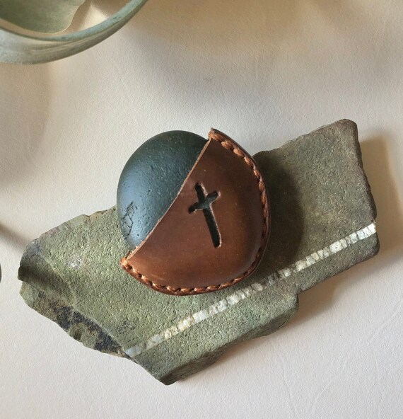 Pocket Cross Prayer Stone Leather Wrap Stone Handmade | Etsy