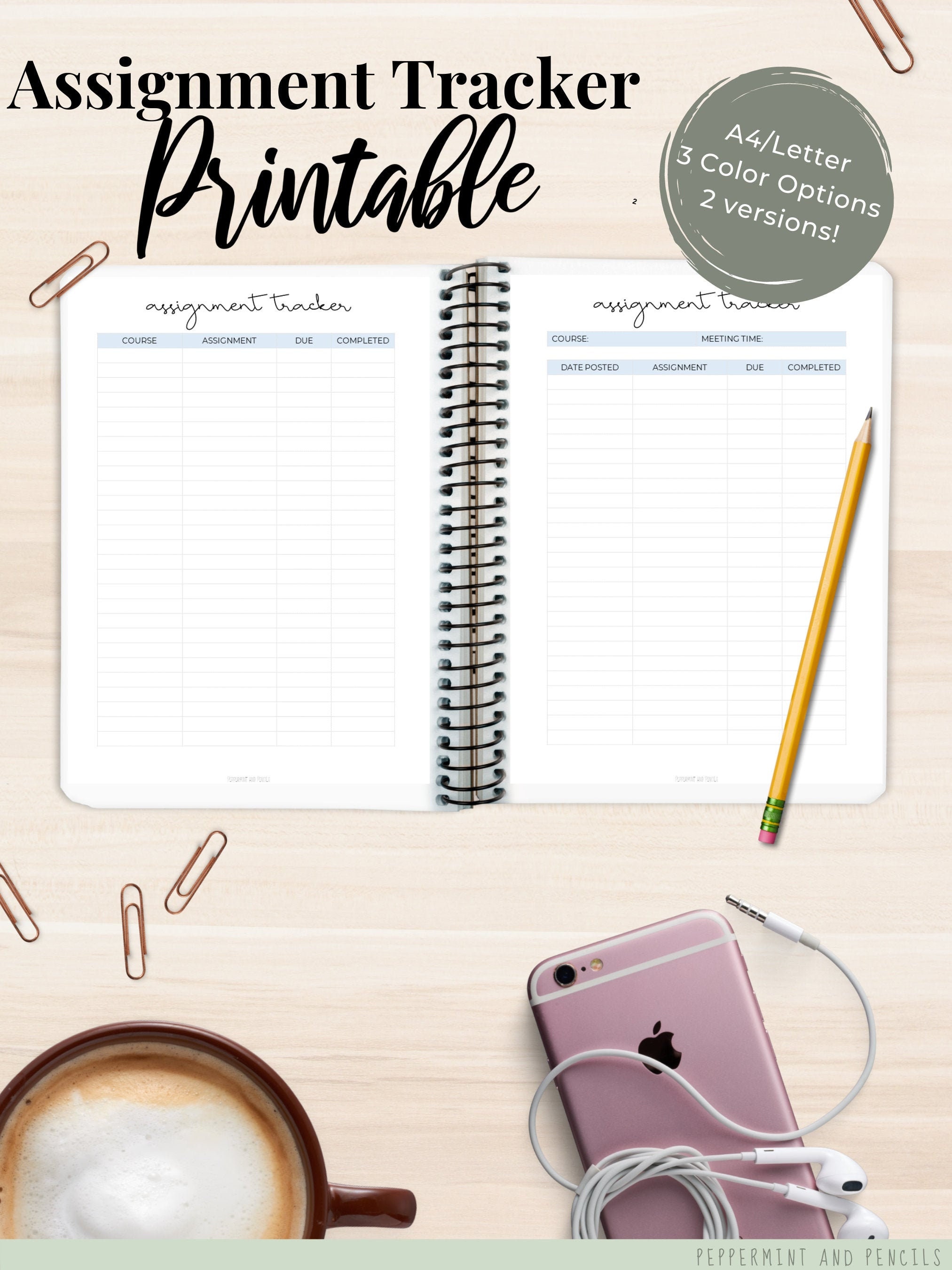 Paper Assignment Tracker Homework Planner Academic Planner School ...