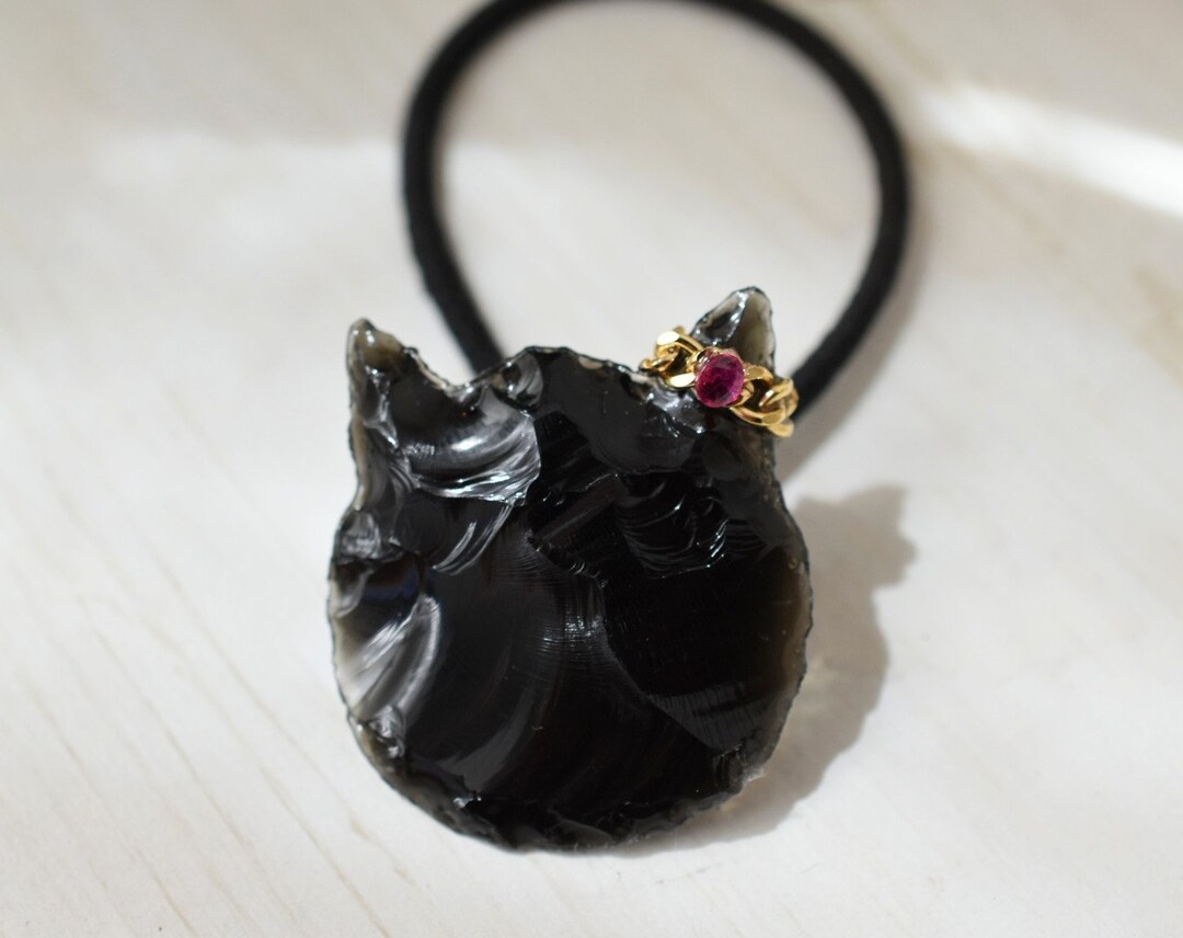 Black Cat and Ruby Hair Tie, Black Obsidian and Ruby Hair Tie, Gemstone ...