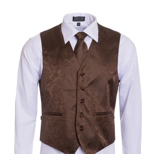 Men's Premium Brown Paisley Vest Neck Tie Pocket Square 3 Piece Set ...