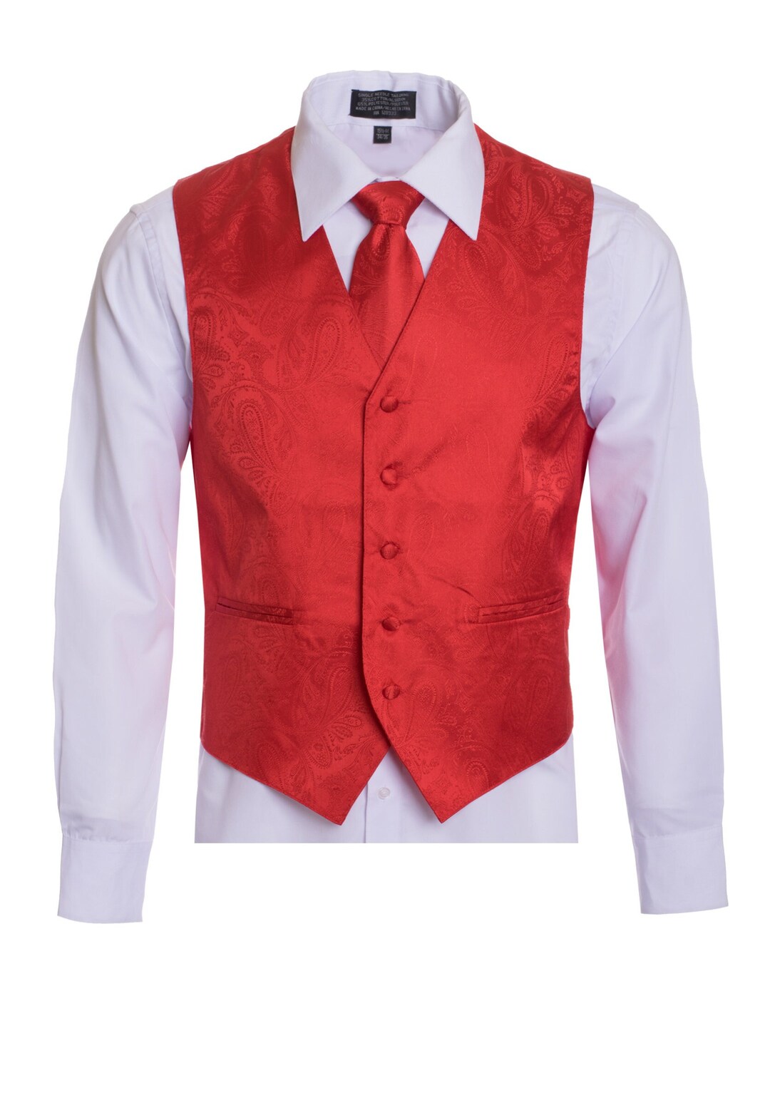 Men's Premium Red Paisley Vest Neck Tie Pocket Square 3 Piece Set ...