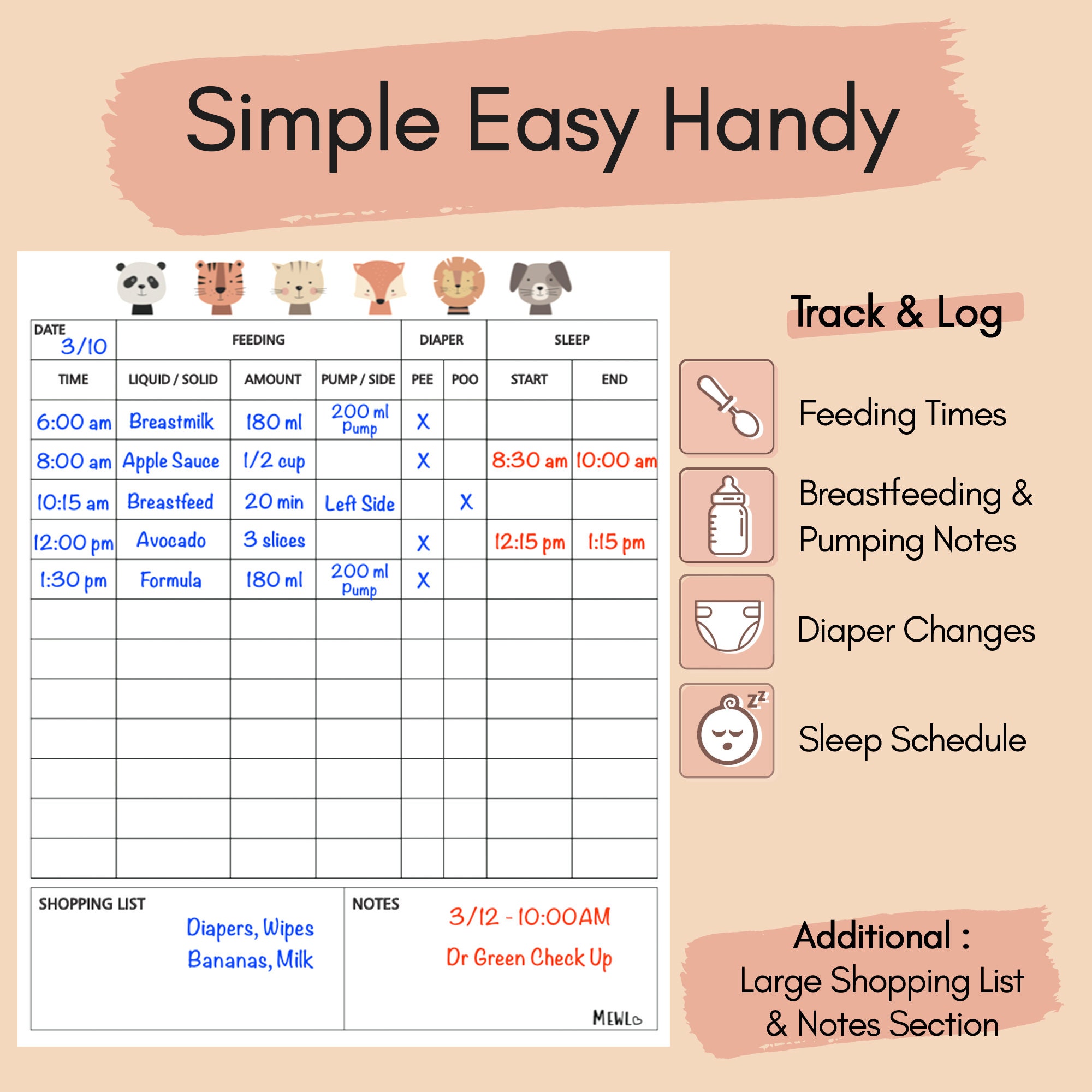 Mewl Daily Baby Log Whiteboard - Reusable Baby Chart to Track Feedings ...