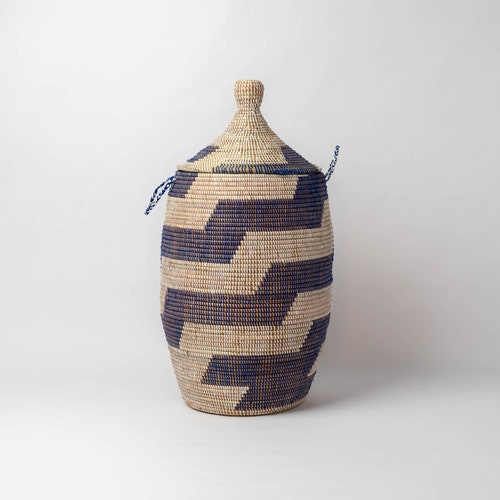 Blue Laundry Basket Handwoven Hamper Blue Basket With Lid | Etsy