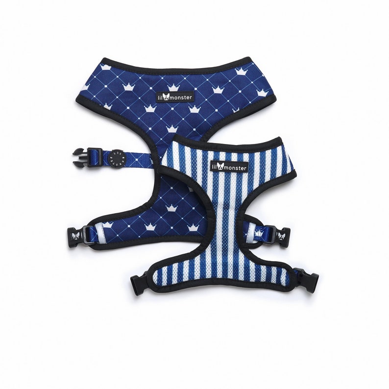 Reversible Dog Harness | Crown Print| Stripe Print | Blue | White ...