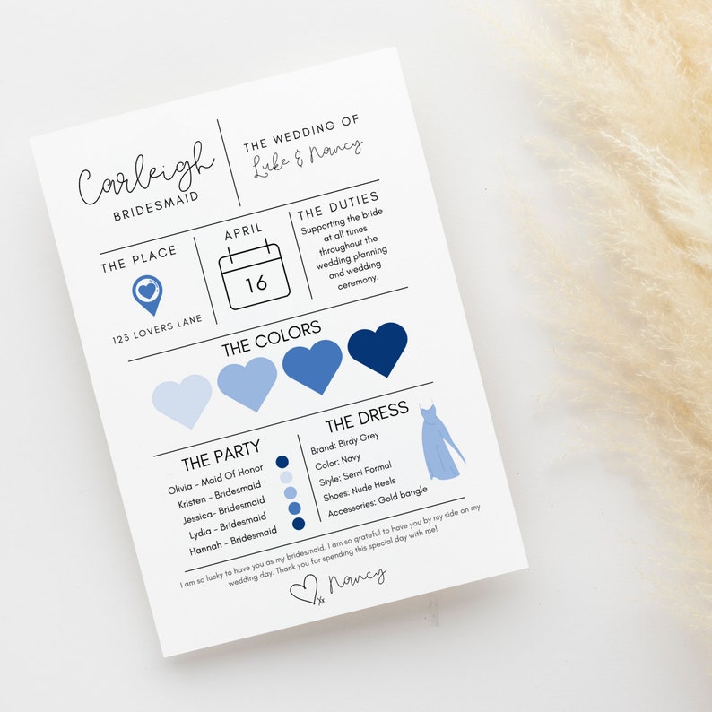 Bridesmaid Info Card Template | Bridal Party Info Card | Bridesmaid ...