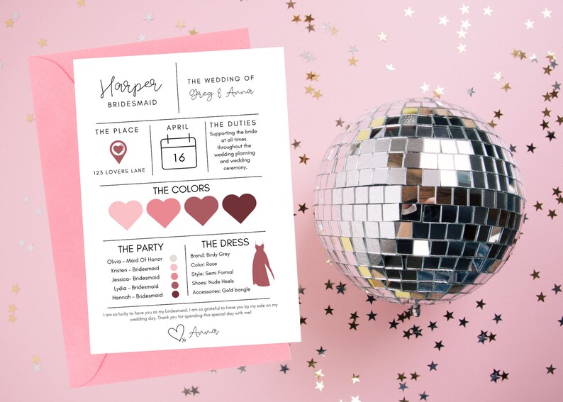 Bridesmaid Info Card Template | Bridal Party Info Card | Bridesmaid ...