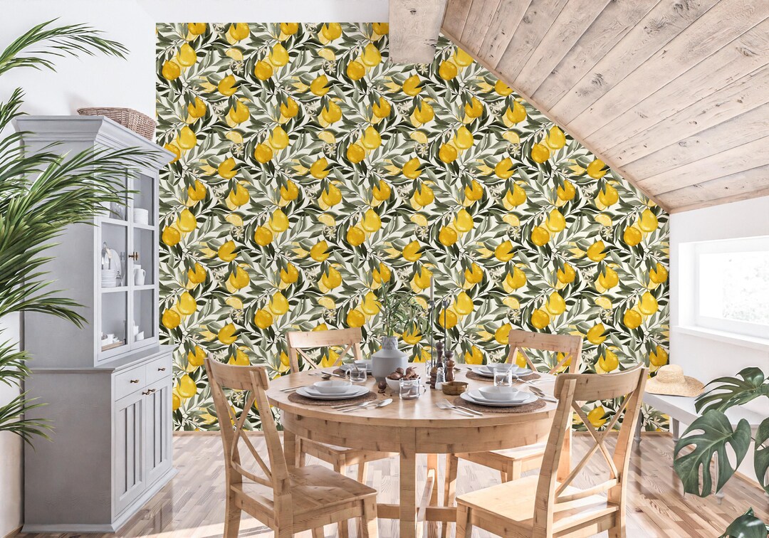 Lemon Vines, Citrus Fruit Branch Design Peel and Stick Wallpaper, Lemon ...
