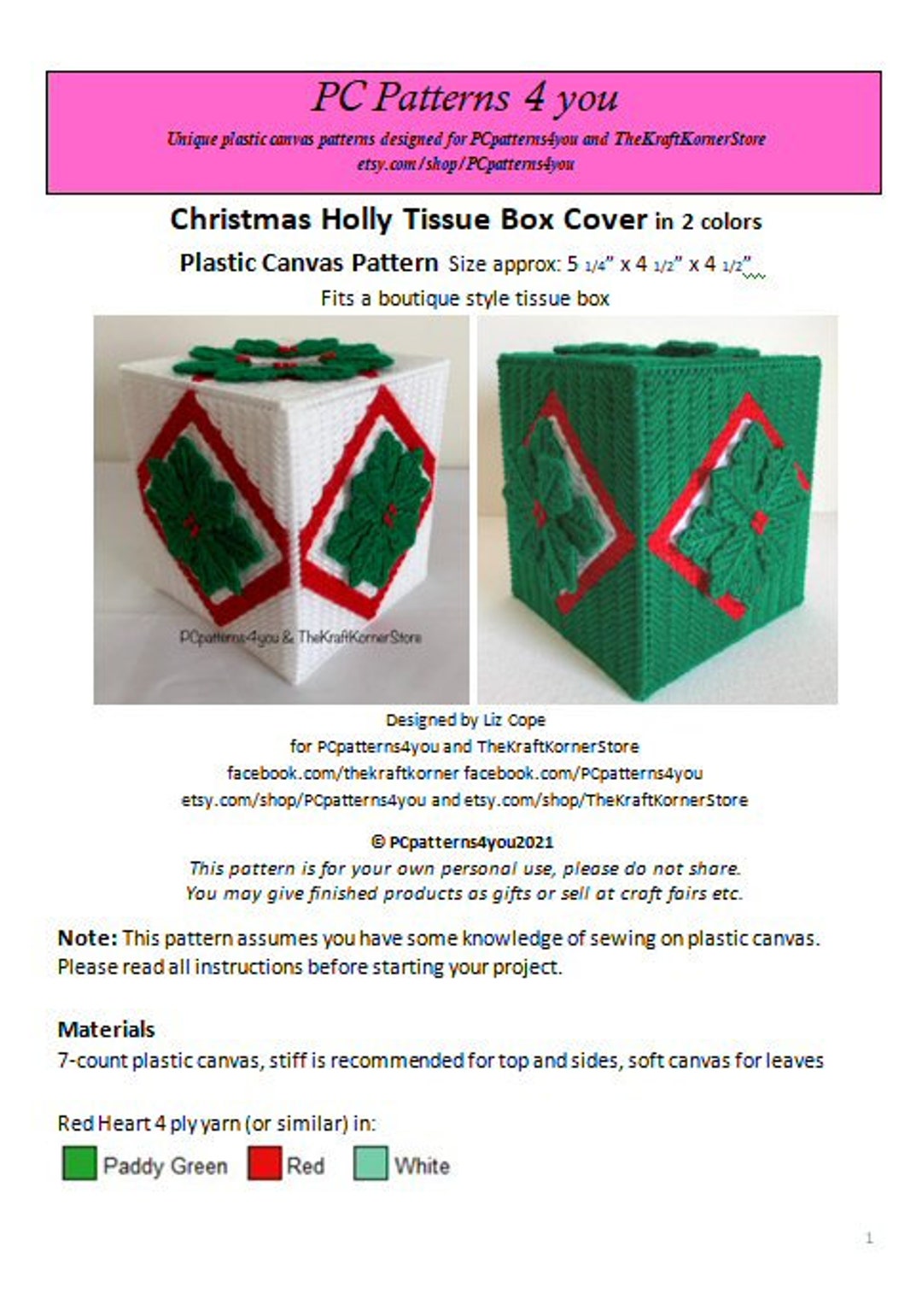 Pdf PATTERN - Christmas Holly Tissue Box Cover - Pdf Download - Etsy