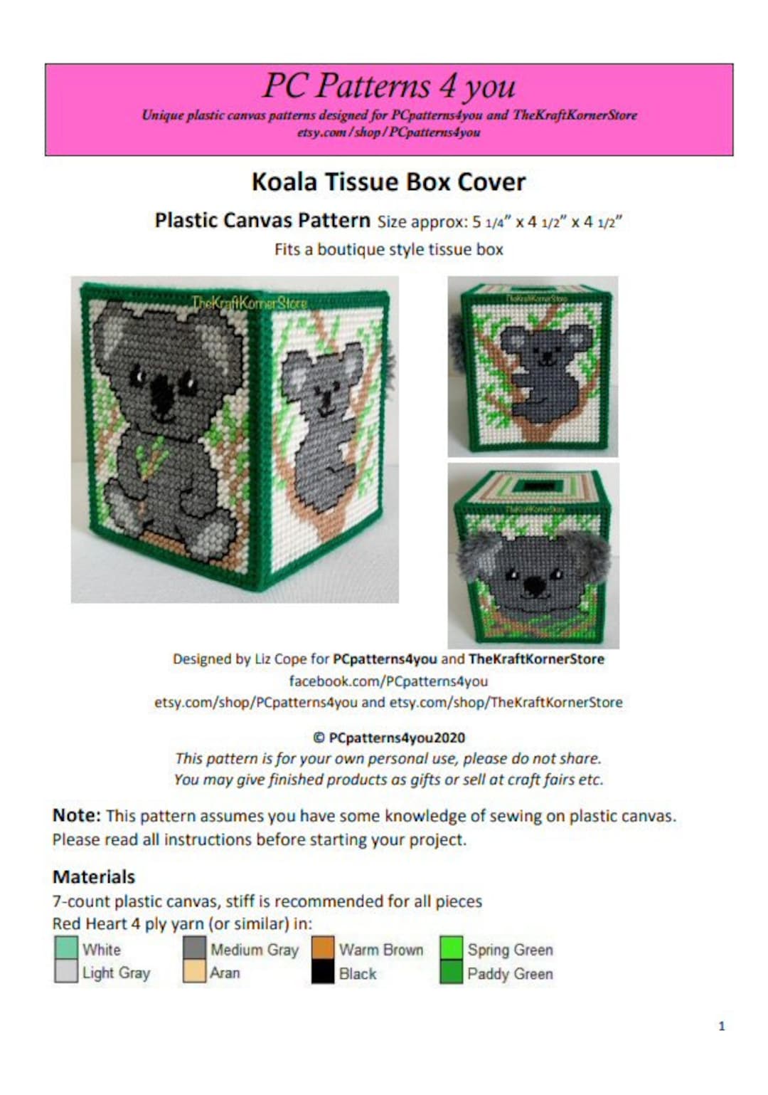 Pdf PATTERN - Koala Tissue Box Cover - Pdf Download for 7 Mesh Plastic ...